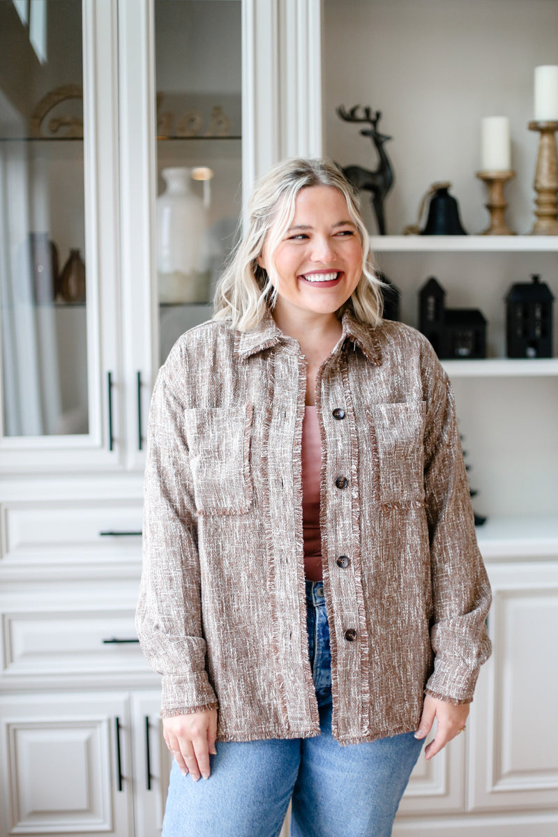 DARK MOCHA JACKET WITH RAW HEM DETAIL – The Bend Boutique